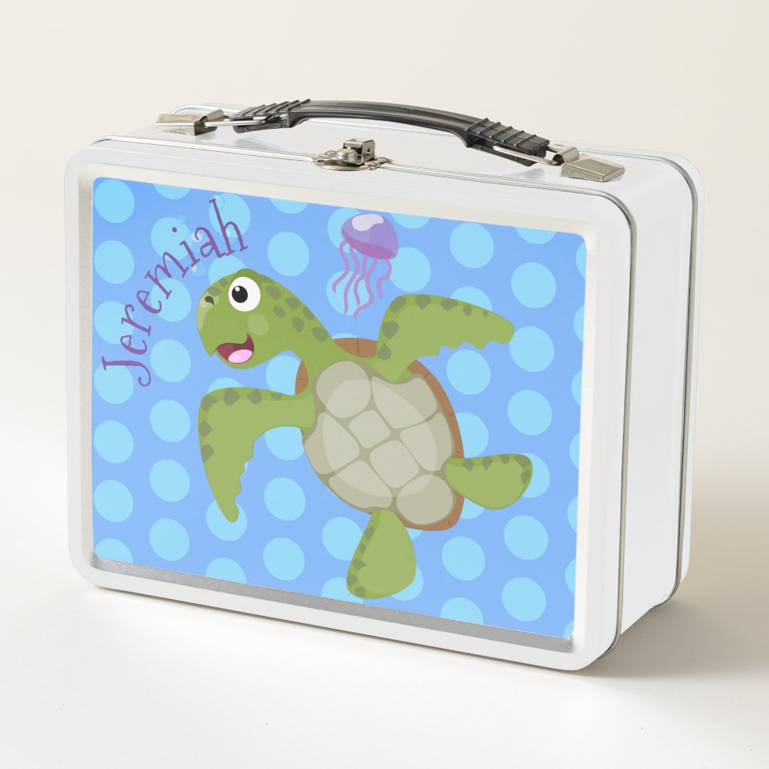 Cute green sea turtle happy cartoon illustration metal lunch box | Zazzle
