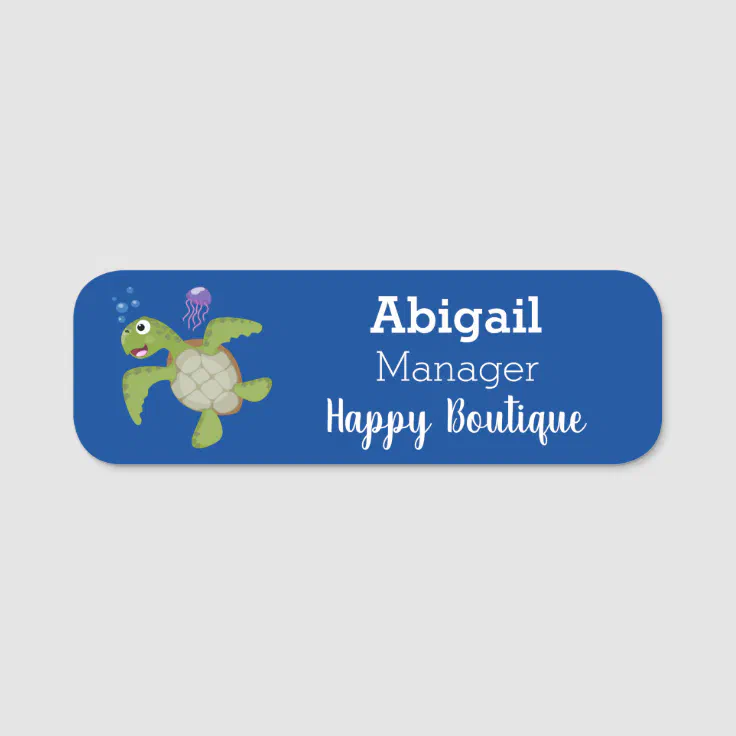 Cute green sea turtle happy cartoon illustration name tag | Zazzle