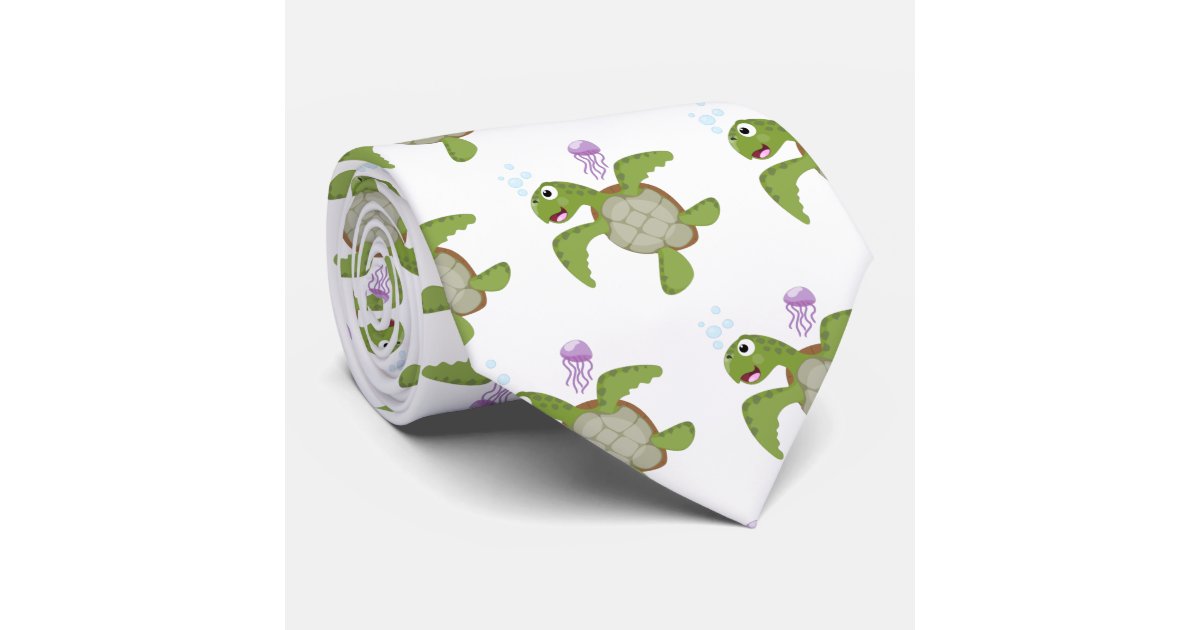 Cute green sea turtle happy cartoon illustration neck tie | Zazzle