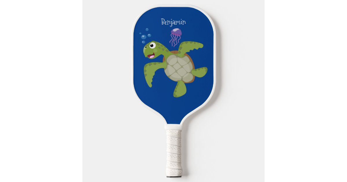 Cute green sea turtle happy cartoon illustration pickleball paddle | Zazzle