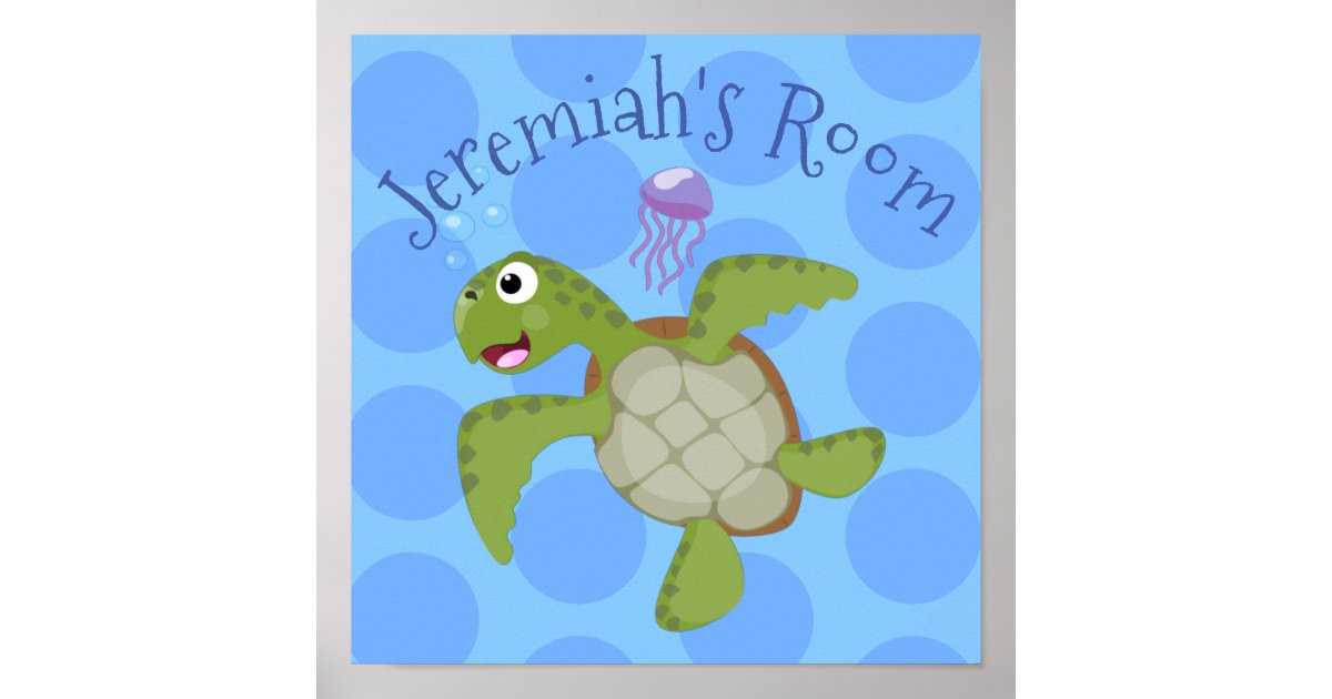 Cute green sea turtle happy cartoon illustration poster | Zazzle
