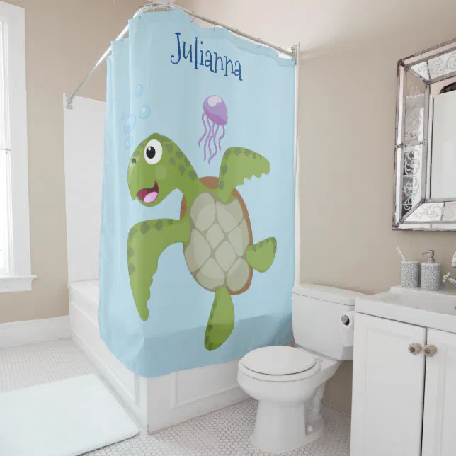 Cute green sea turtle happy cartoon illustration shower curtain | Zazzle