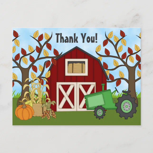 Cute Green Tractor and Barn Autumn Farm Thank You Postcard | Zazzle