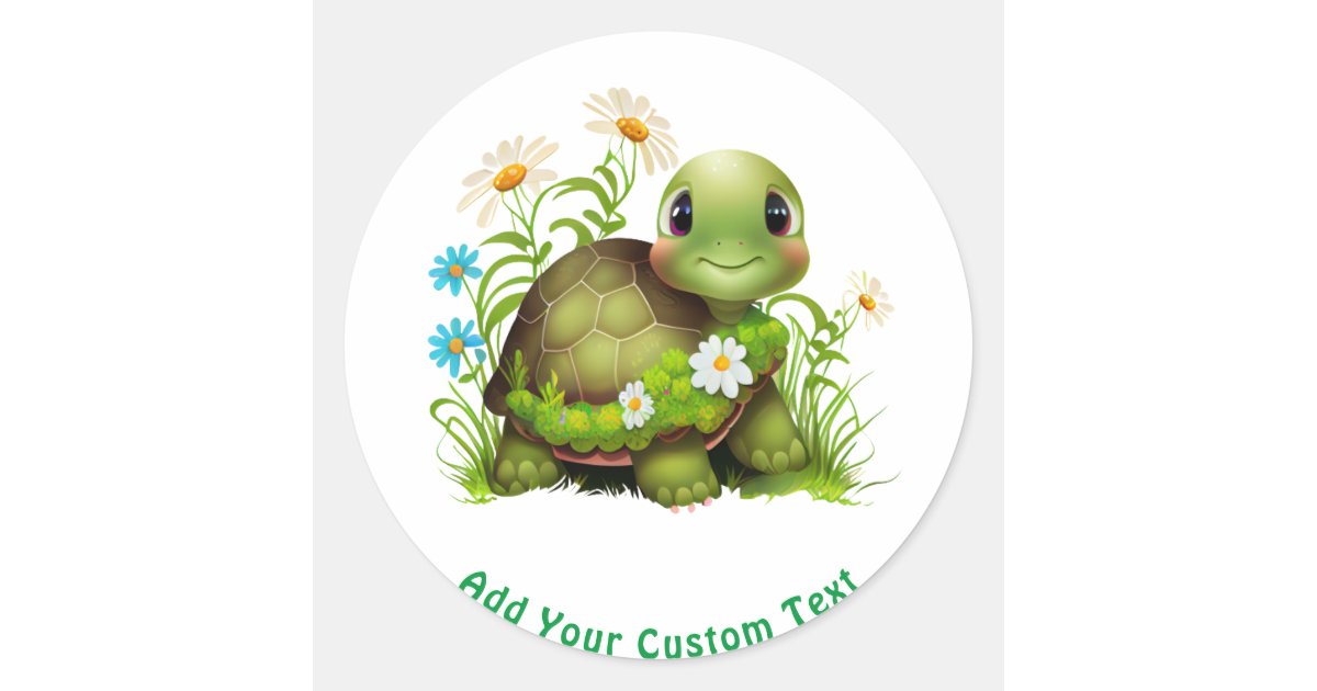 Cute Green Turtle Floral Custom Text Classic Round Sticker | Zazzle