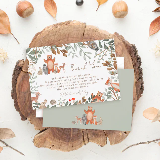 Cute greenery forest animals woodland baby shower thank you card | Zazzle