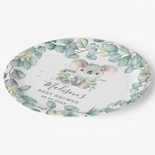 Cute Greenery Koala Baby Boy Shower Birthday Paper Plates | Zazzle