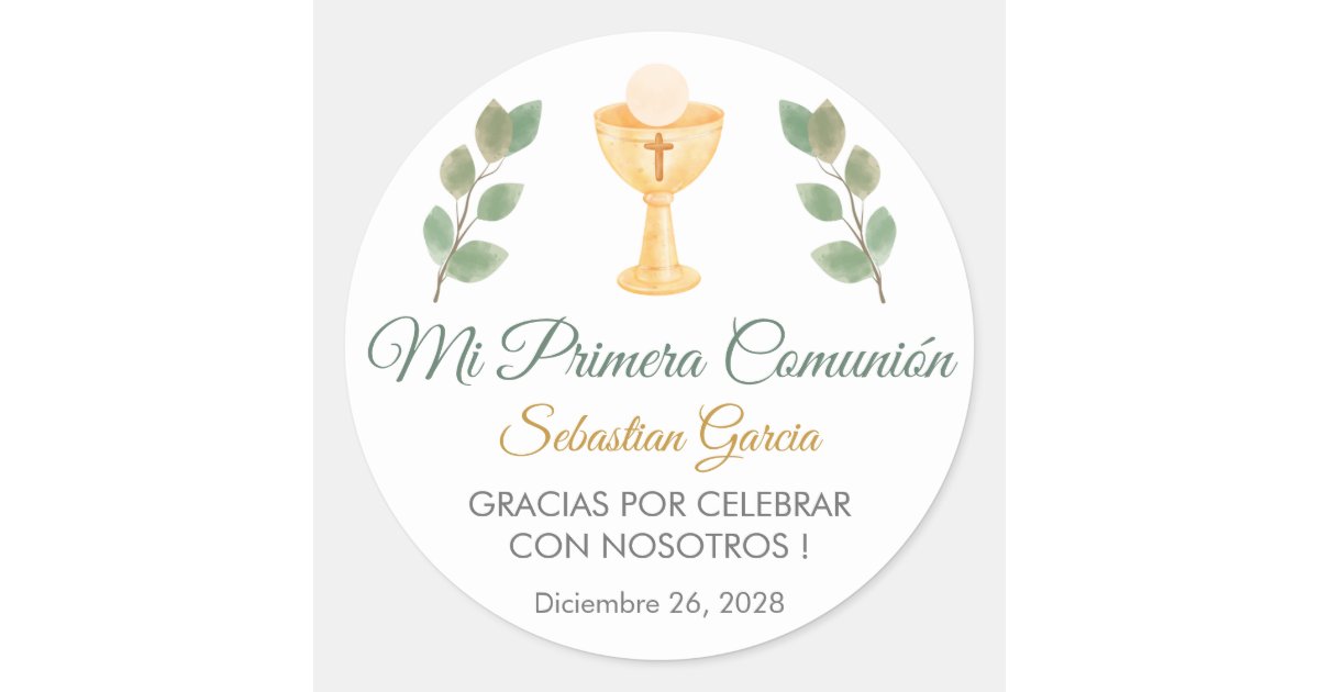 Cute Greenery Leaves in Spanish First Communion Classic Round Sticker ...