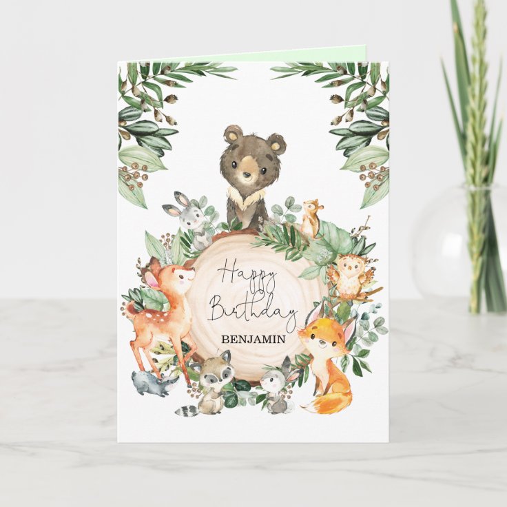 Cute Greenery Woodland Animals Happy Birthday Card | Zazzle
