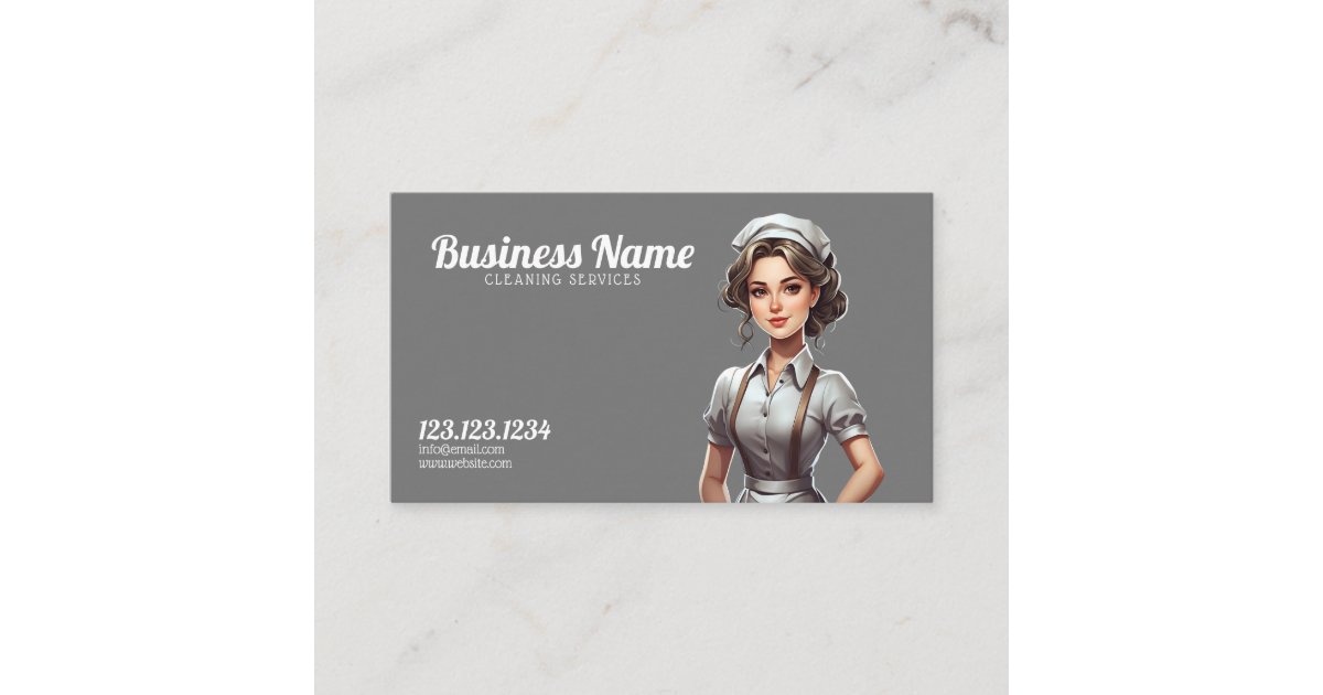 Cute Grey and White Maid Home Cleaning Business Card | Zazzle