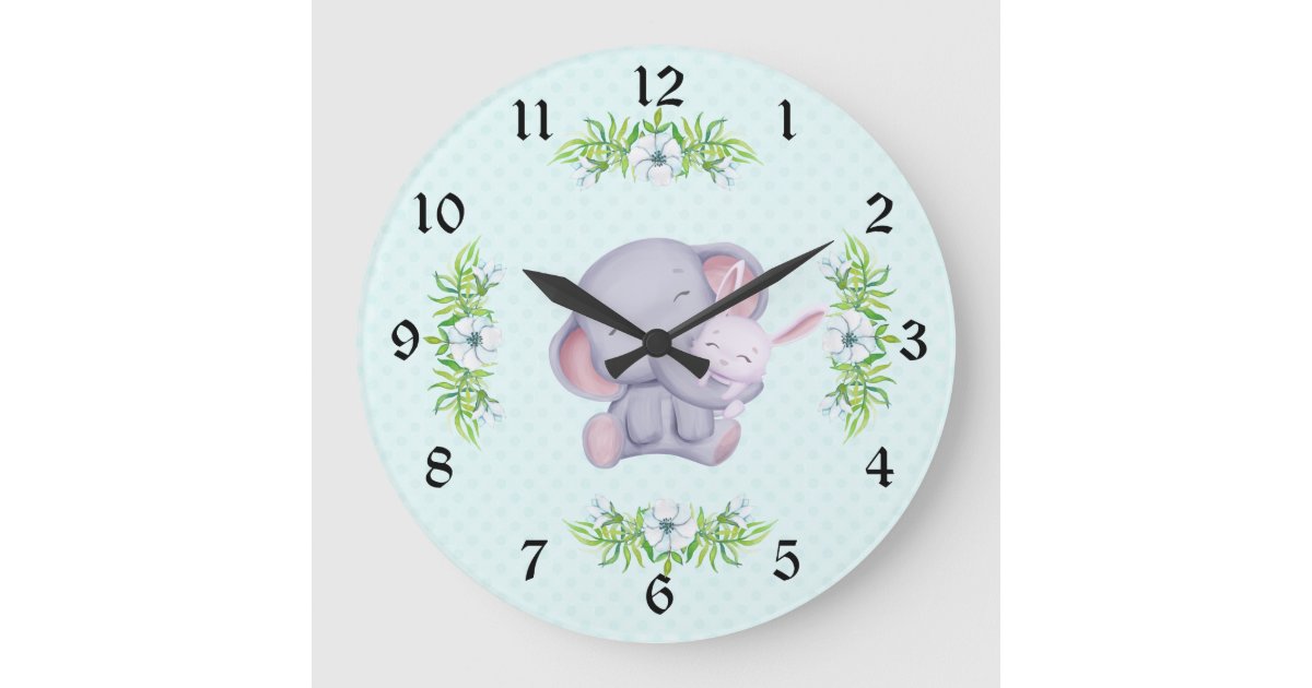 Cute Grey Elephant And White Bunny Rabbit Large Clock | Zazzle