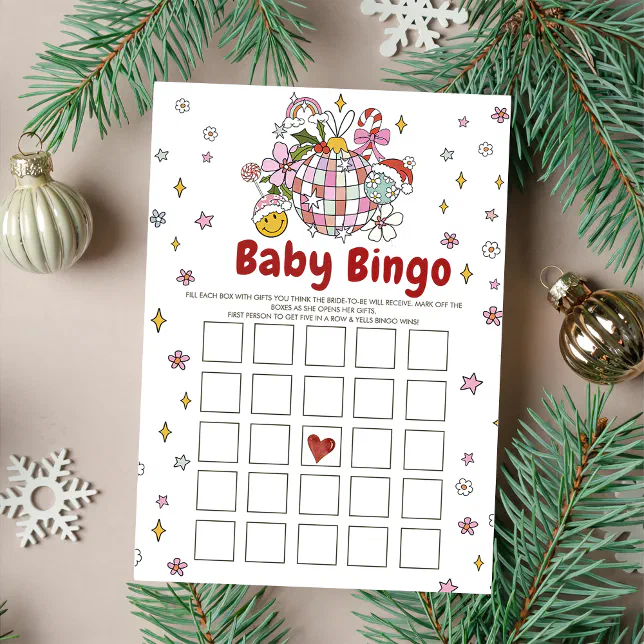 Cute Groovy Christmas Baby Shower Bingo Games Card | Zazzle