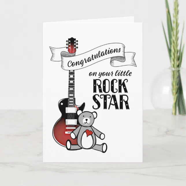 Cute Guitar Teddy Rockstar Rock Roll Baby Shower C Card | Zazzle
