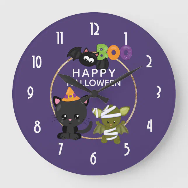 Cute Halloween Cat, Bat & Mummy Boo Large Clock | Zazzle