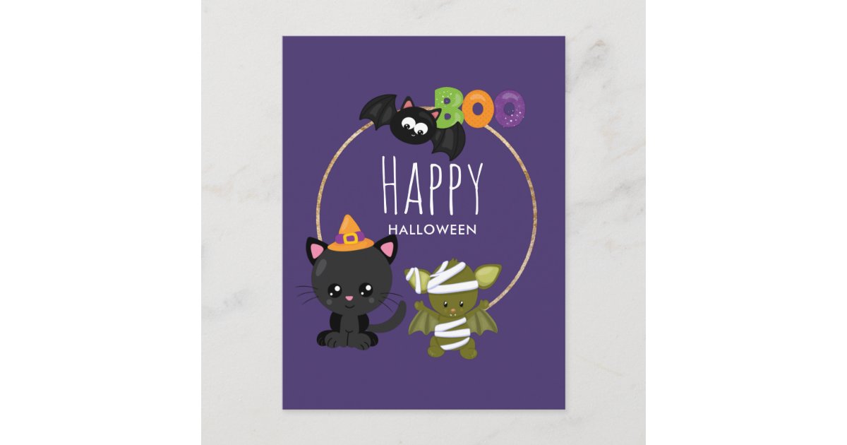 Cute Halloween Cat, Bat & Mummy Boo Postcard | Zazzle
