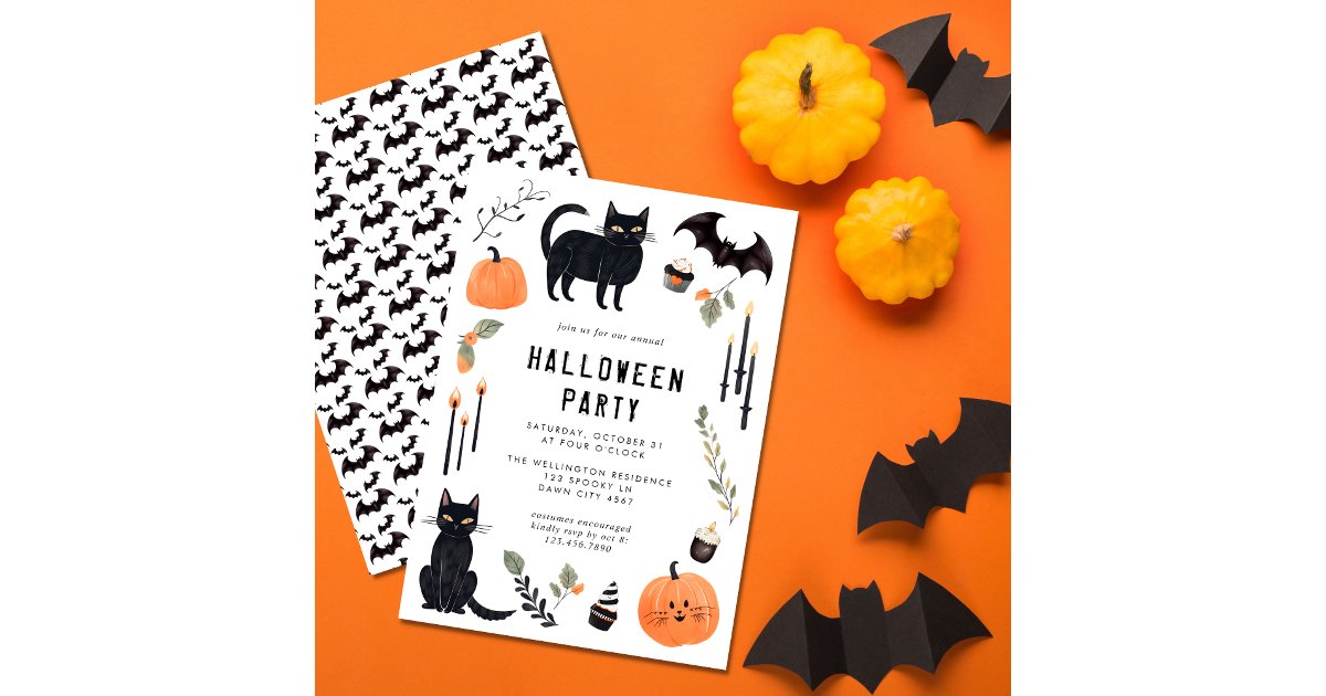Cute Halloween Cat Bat Pumpkin Party Invitation | Zazzle