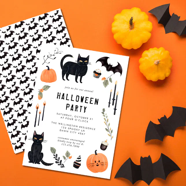 Cute Halloween Cat Bat Pumpkin Party Invitation | Zazzle