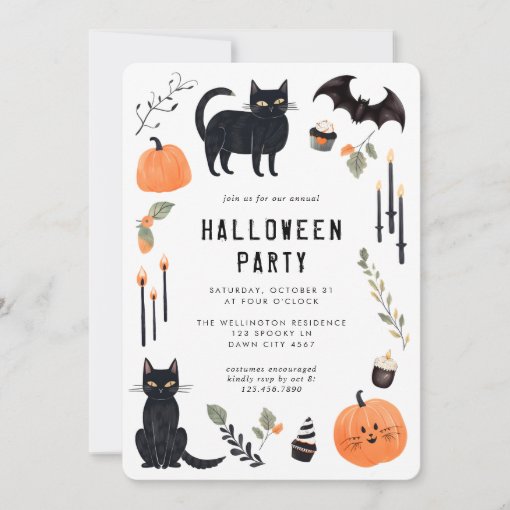 Cute Halloween Cat Bat Pumpkin Party Invitation | Zazzle