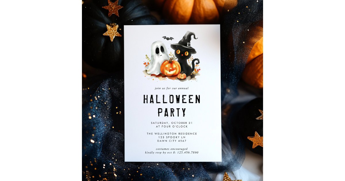 Cute Halloween Cat Ghost Pumpkin Party Invitation | Zazzle