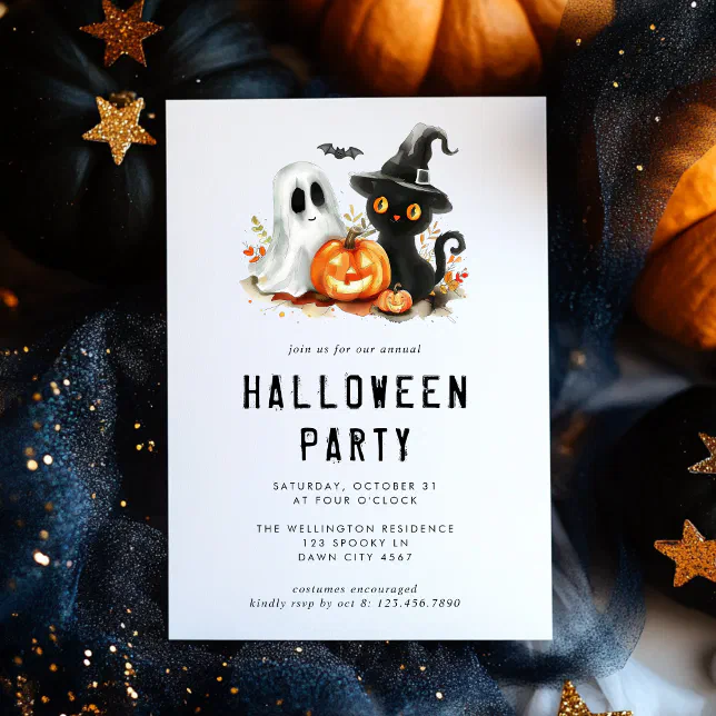Cute Halloween Cat Ghost Pumpkin Party Invitation | Zazzle