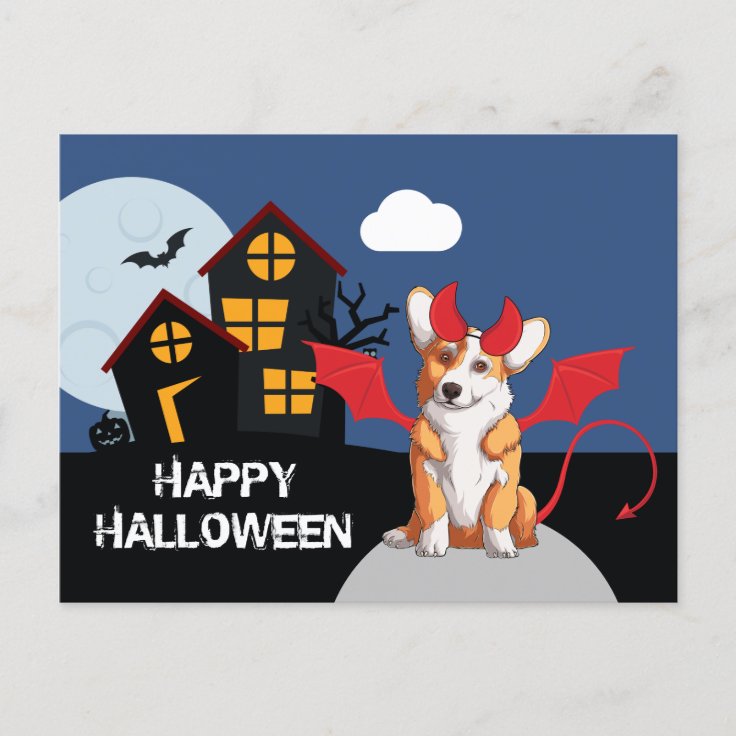 Cute Halloween Corgi Devil Costume Haunted House Postcard | Zazzle