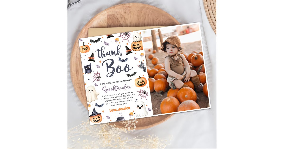 Cute Halloween Ghost Birthday Party Photo Thank You Card | Zazzle