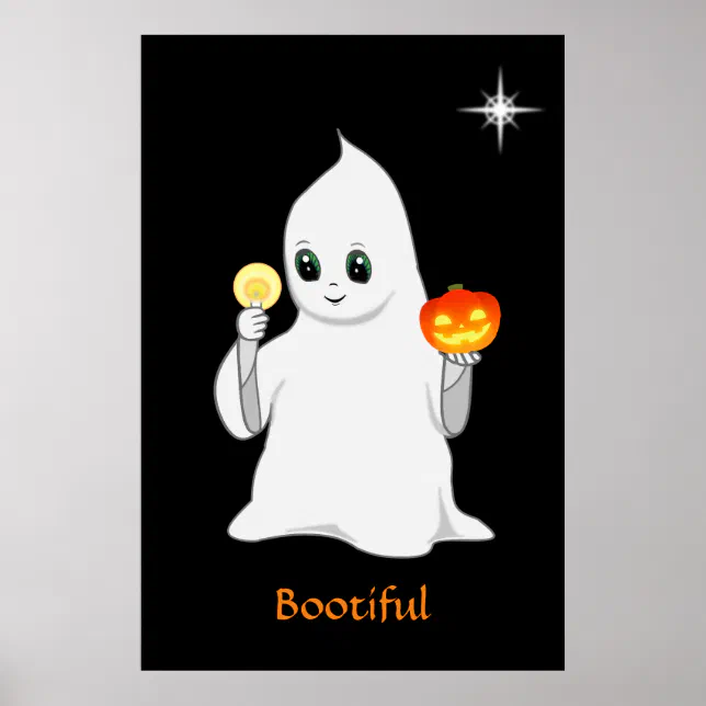 Cute Halloween Ghost & Pumpkin on Black Poster | Zazzle