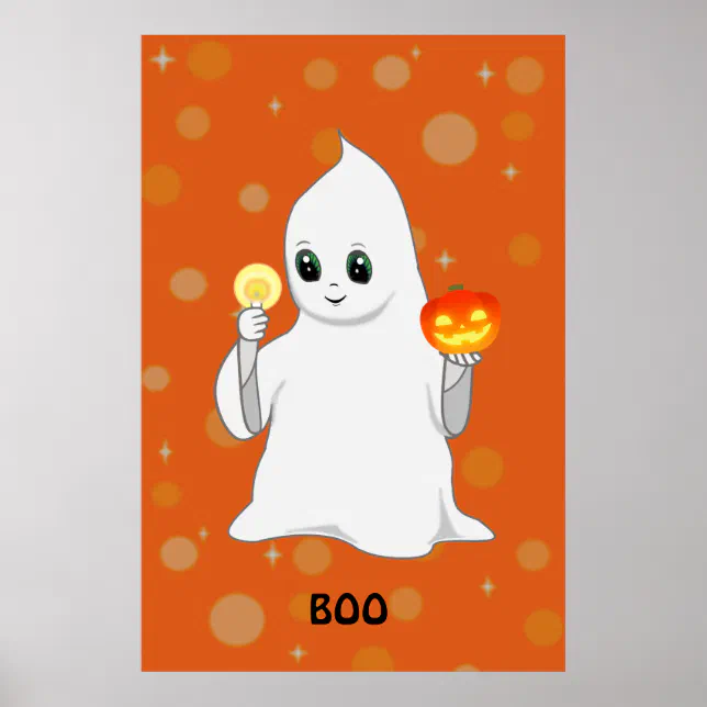 Cute Halloween Ghost & Pumpkin on Orange Poster | Zazzle