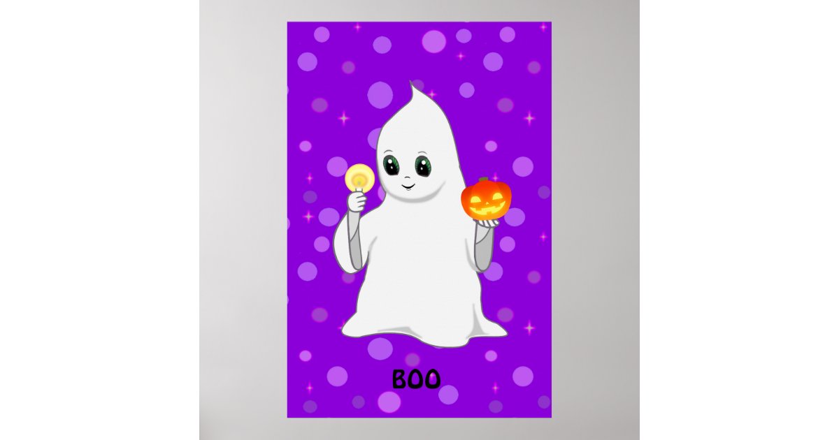 Cute Halloween Ghost & Pumpkin on Purple Poster | Zazzle