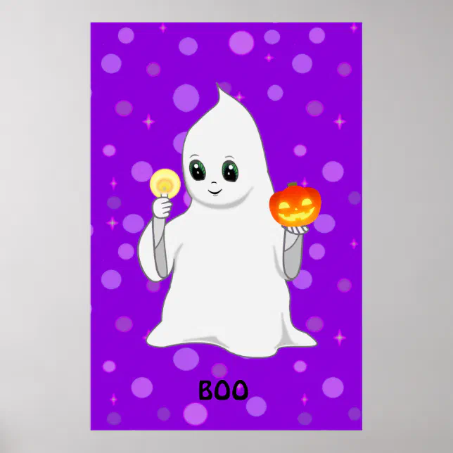 Cute Halloween Ghost & Pumpkin on Purple Poster | Zazzle