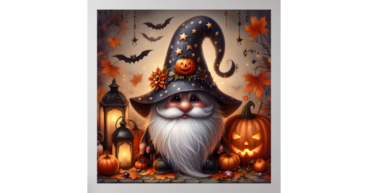 Cute Halloween Gnome with Jack-O-Lanterns Poster | Zazzle