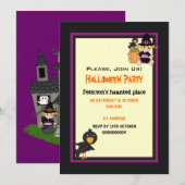 Cute Halloween haunted house and little witch Invitation | Zazzle