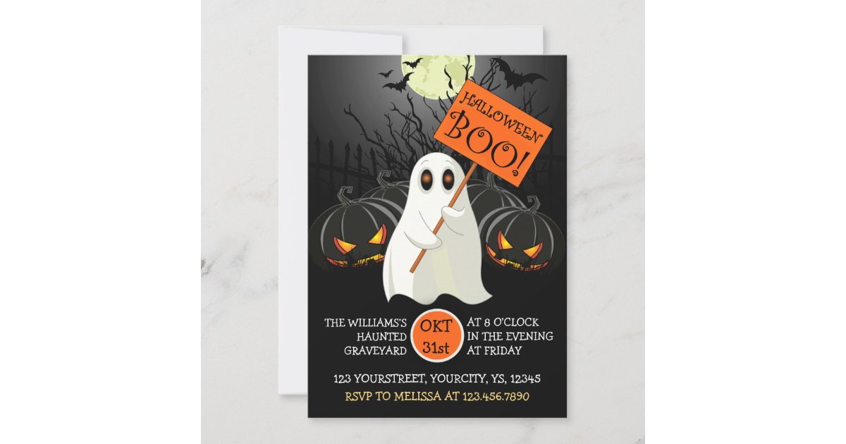 Cute Halloween party invitation with ghost and bat | Zazzle