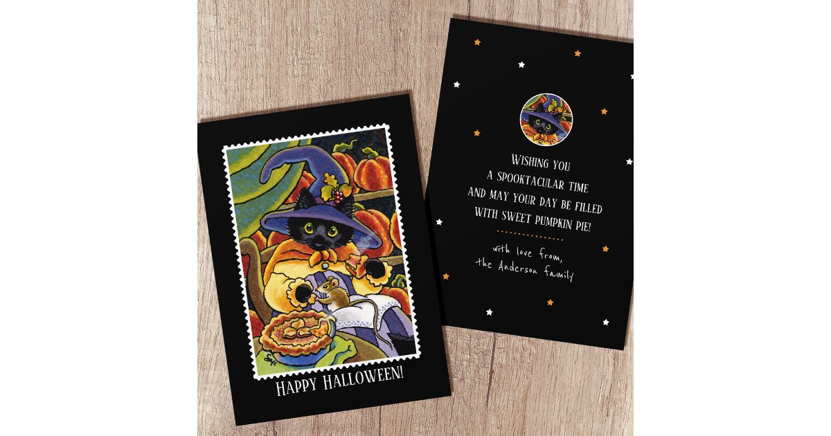 Cute Halloween Pie Witch Black Cat Mouse Fun Flat Card | Zazzle