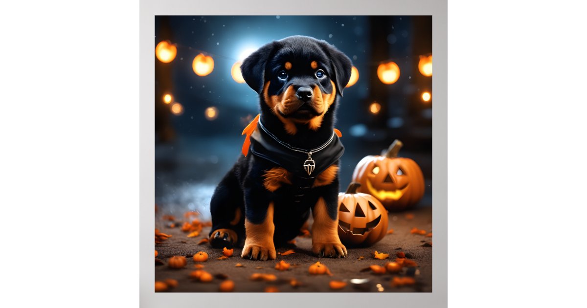Cute Halloween Rottweiler Puppy Dog w Pumpkins Poster | Zazzle