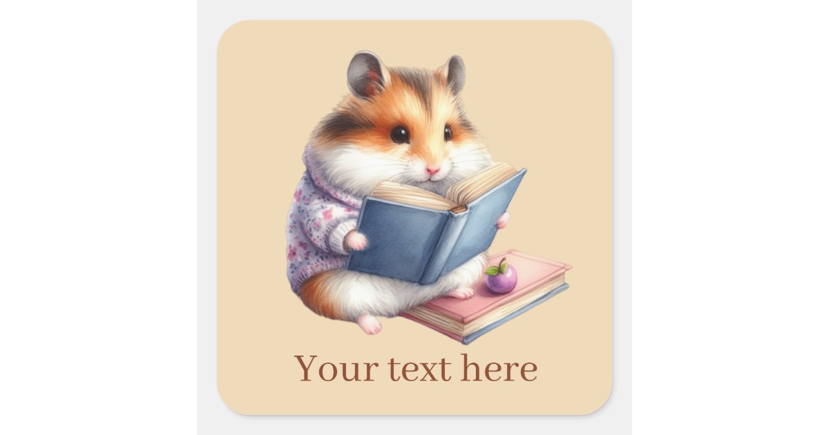 Cute hamster book lovers add text Square Sticker | Zazzle