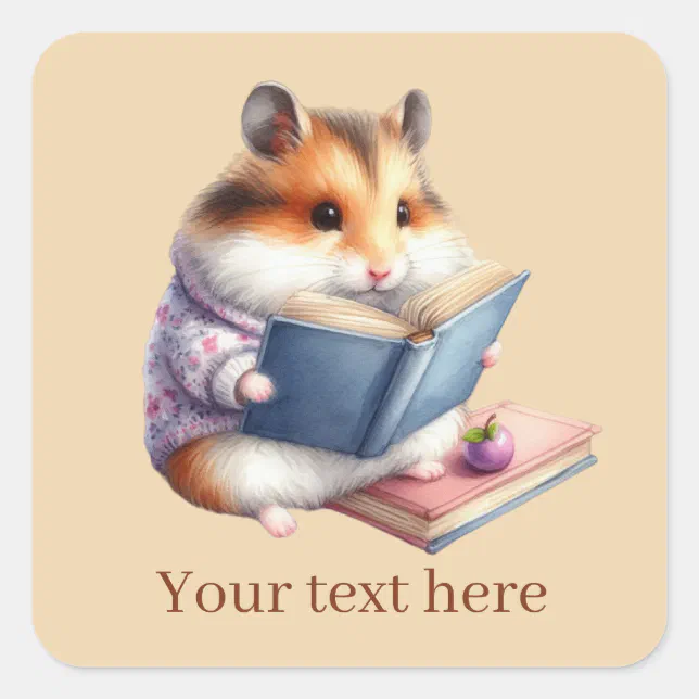 Cute hamster book lovers add text Square Sticker | Zazzle