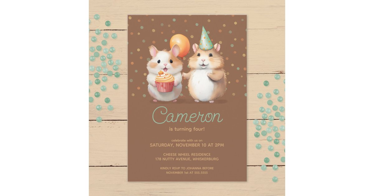 Cute hamster duo kid's birthday celebration invitation | Zazzle