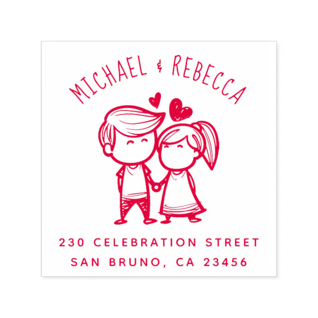 Cute Hand Drawn Couple & Custom Return Address Self-inking Stamp | Zazzle