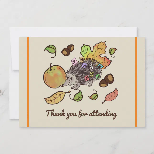 Cute hand drawn hedgehog in fall with leaves thank you card | Zazzle
