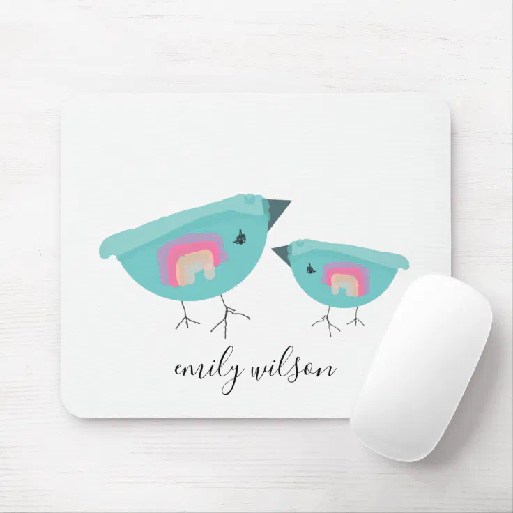Cute Hand Drawn Rainbow Blue Birdy Mother Baby Mouse Pad | Zazzle