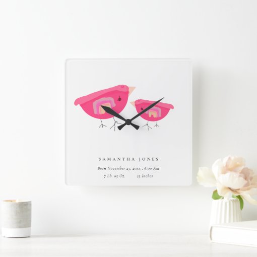 Cute Hand Drawn Rainbow Pink Birdy Baby Birth Stat Square Wall Clock ...