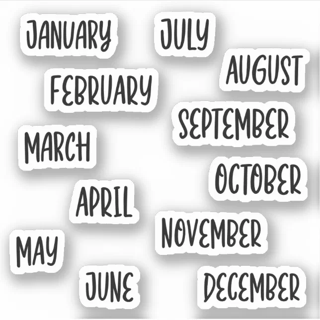 Cute Handwritten Black Text Months of the Year Sticker | Zazzle