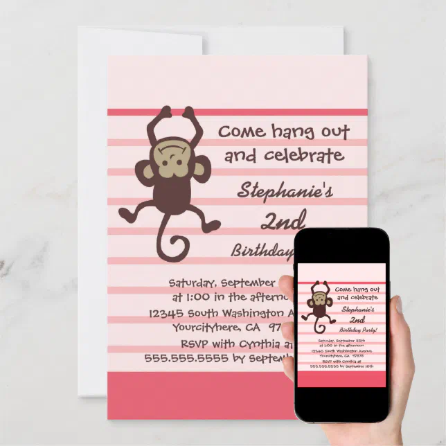 Cute hanging monkey girl birthday party invitation | Zazzle