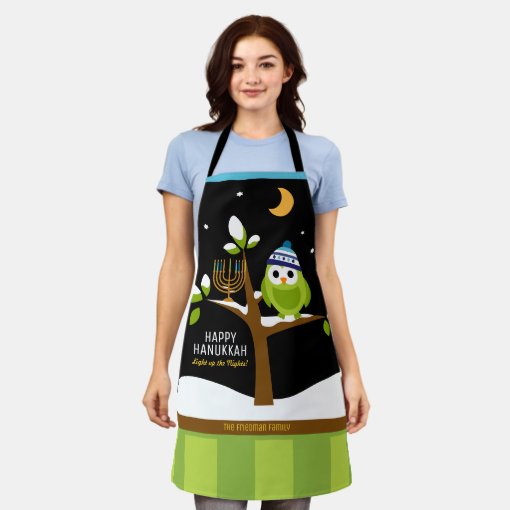Cute Hanukkah Owl & Menorah Snowy Tree Night Apron | Zazzle