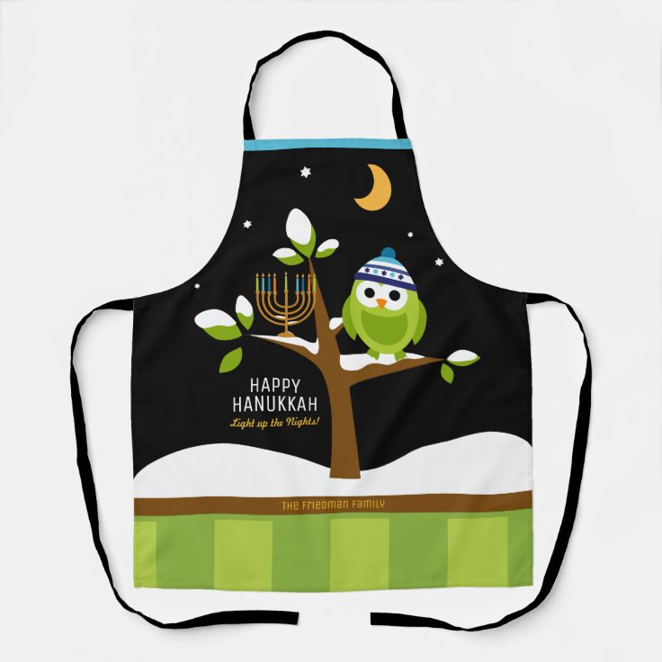 Cute Hanukkah Owl & Menorah Snowy Tree Night Apron | Zazzle