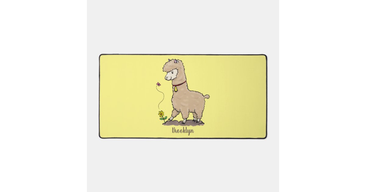 Cute happy alpaca with butterfly cartoon desk mat | Zazzle