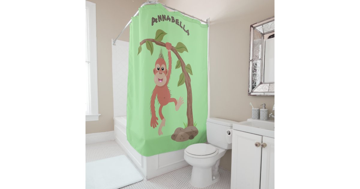 Cute happy baby orangutan cartoon illustration shower curtain | Zazzle