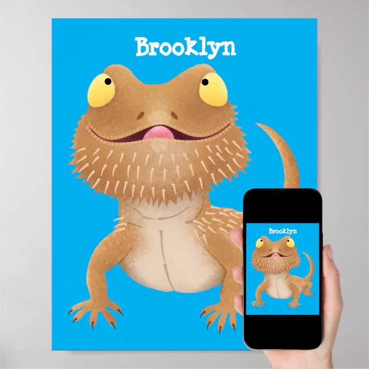 Cute happy bearded dragon lizard cartoon poster | Zazzle