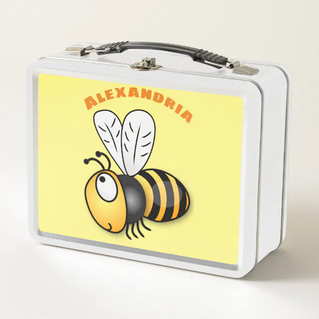 Cute happy bee cartoon illustration metal lunch box | Zazzle