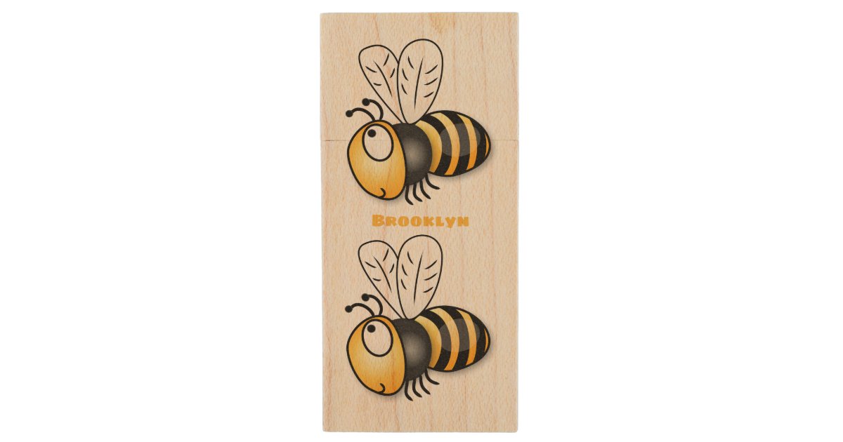 Cute happy bee cartoon illustration wood flash drive | Zazzle